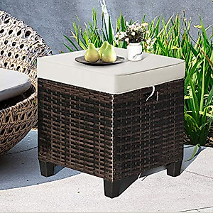 BETTARY 2PCS Patio Outdoor Ottomans, Rattan Wicker Ottoman Seat w/Removable Cushions, Rattan Footstool Footrest Seat Set, Patio Wicker Furniture Small Chair for Home,Patio, Garden, Backyard (Brown)