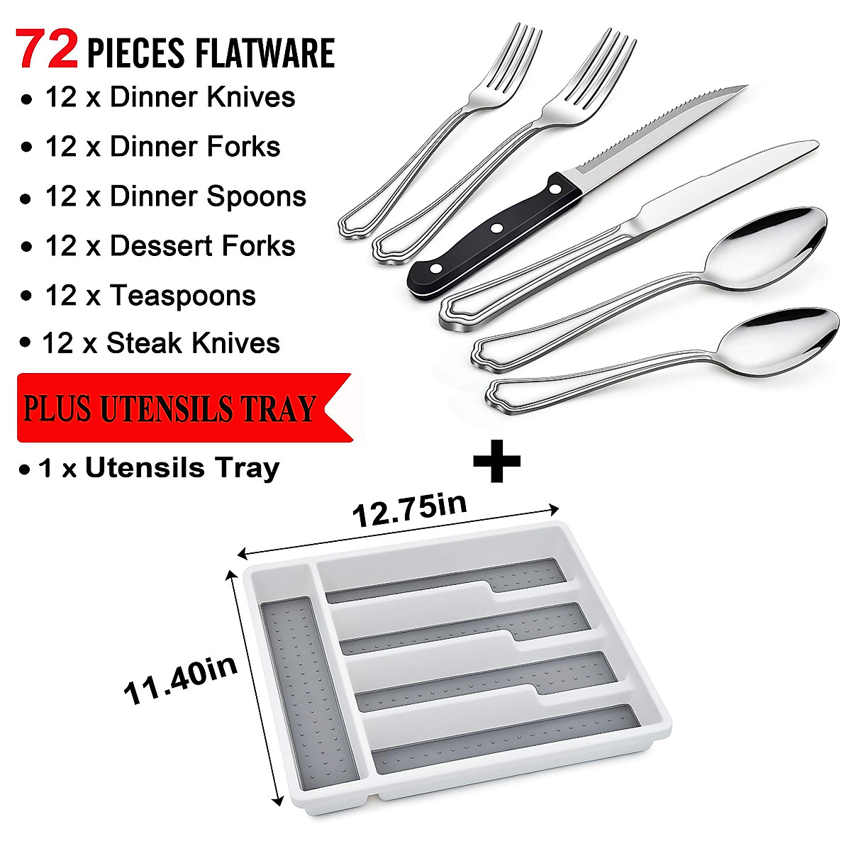 LIANYU 72-Piece Silverware Set with Steak Knives and Organizer Tray, Stainless Steel Cutlery Flatware Set for 12, Tableware Eating Utensils Set with Scalloped Edge, Dishwasher Safe, Mirror Polished