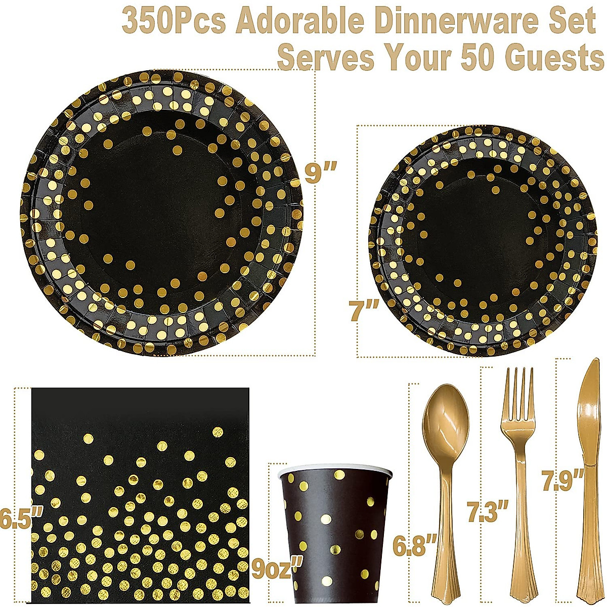 350PCS Black and Gold Party Supplies, Severs 50 Disposable Party Dinnerware, Gold Plastic Forks Knives Spoons and Golden Dot Paper Plates Black Napkins Cups for New Years Graduation Birthday Wedding