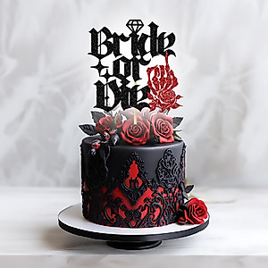 Bride or Die Cake Topper, Till Death Do Us Party, Rip Single Life, Halloween Gothic Wedding Bachelorette Party Decorations, Black and Red Glitter
