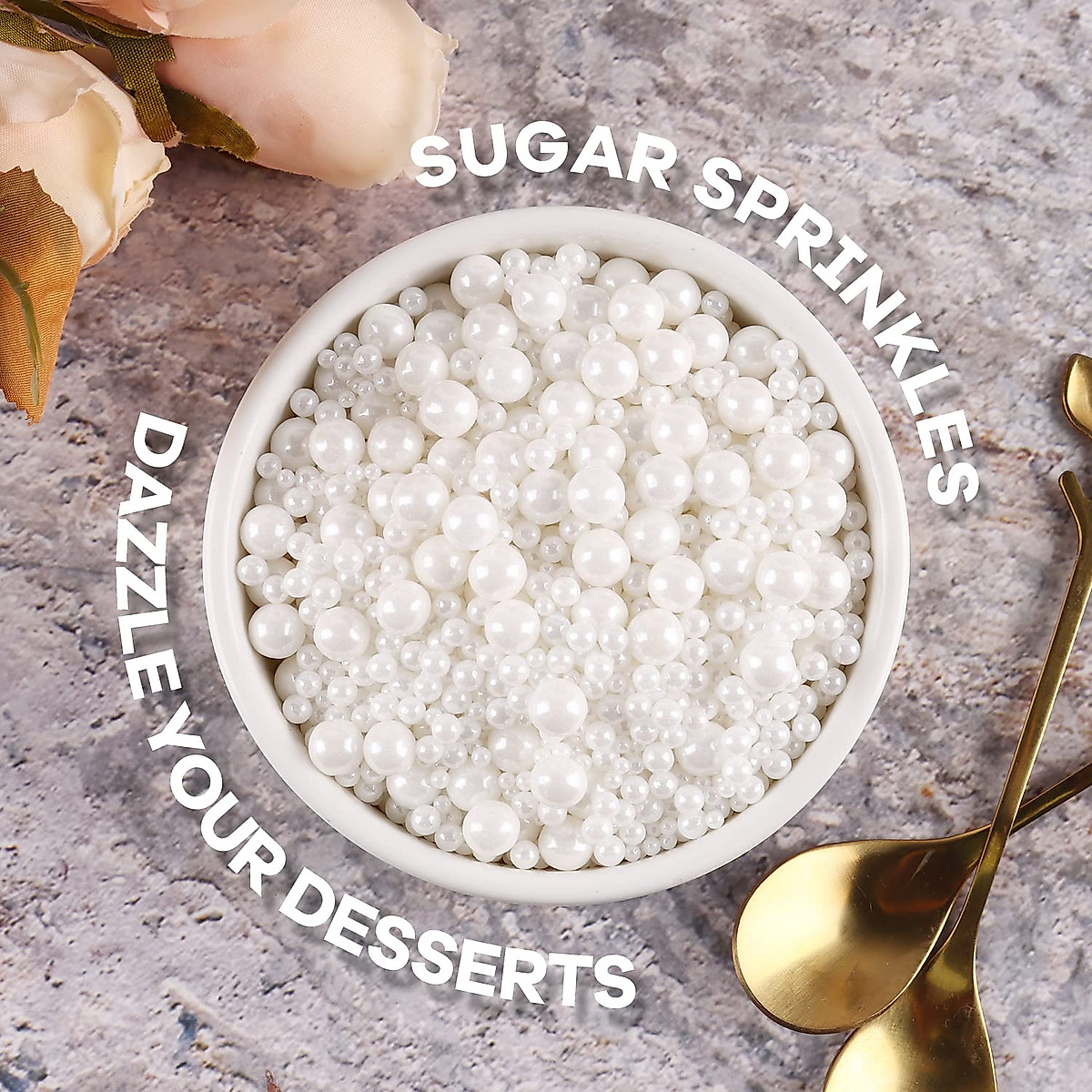 Edible Sprinkles for cake decorating, 7 ounces White Pearl Sugar Candy cupcake, cookies, ice cream toppings cake decorations for wedding shower party Anniversary