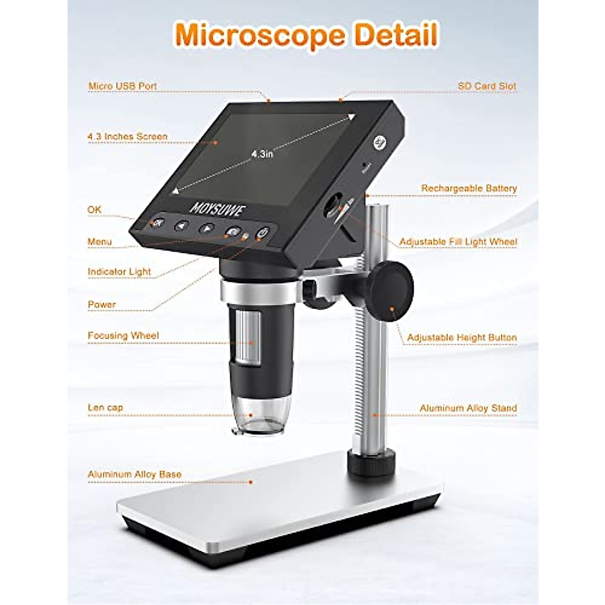 Coin Microscope, MOYSUWE 4.3 inch LCD Digital Microscope with Screen, Coin Microscope for Error Coins for Kids Adults - Metal Stand, 8 LED Lights, Compatible with Windows