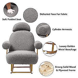 Setawix Teddy Nursery Rocking Chair Modern Faux Sherpa Accent Glider Rocker Chair Soft Boucle Rocking Armchair with Golden Metal Legs,High Back and Arms for Living Room Bedroom (Grey)