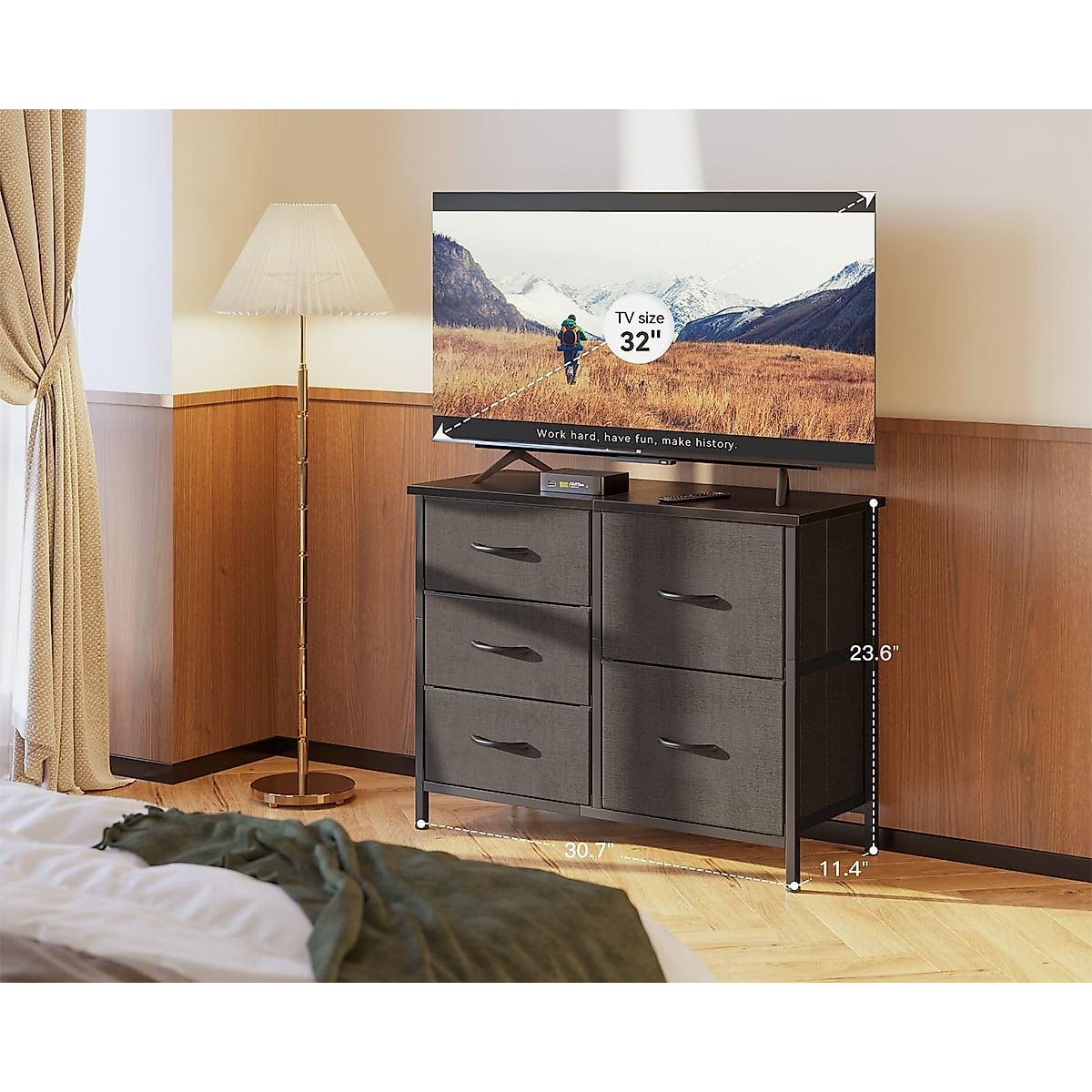 AODK Dresser for Bedroom Dresser TV Stand with 5 Storage Drawers, Small Fabric Dresser Chest of Drawers for Closet Organizer Clothes, Black