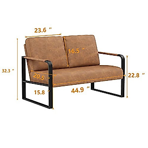 POINTANT Love Seat Mini Couch Small Settee Loveseat Bench for Living Room, Faux Leather Loveseat Sofa Small Sofa Couches for Small Spaces with Padded Cushion, Mid Century Modern Brown Love Seats