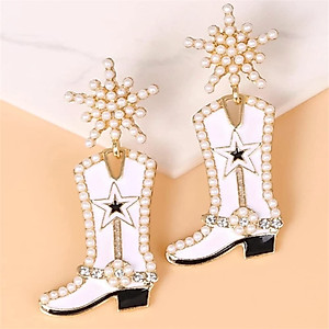 Rhinestone Cowgirl Boot Earrings Beaded Cowboy Boot Earrings Western Country Y2K Dangle Earrings Cute Dangling Earrings Jewelry for Women(White)