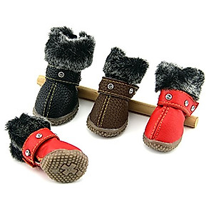 Hdwk&Hped Warm Dog Snow Boots Waterproof PU Small Dog Boots Anti-Slip Pet Shoes Paw Protector for Winter 2 Styles #1-#5 (Rhinestone Style - red, #1)