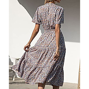 BTFBM Women's 2023 Summer Casual Boho Dress Floral Print Tie V Neck Short Sleeve Elastic Waist A-Line Midi Beach Dresses(Floral Blue, Large)