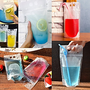 Herdro 100 Pack Clear Drink Pouches Bags with Straws - Reclosable Zipper Stand-up Plastic Pouches Bags Drinking Bags - 9.1" x 5.2"/17 Oz