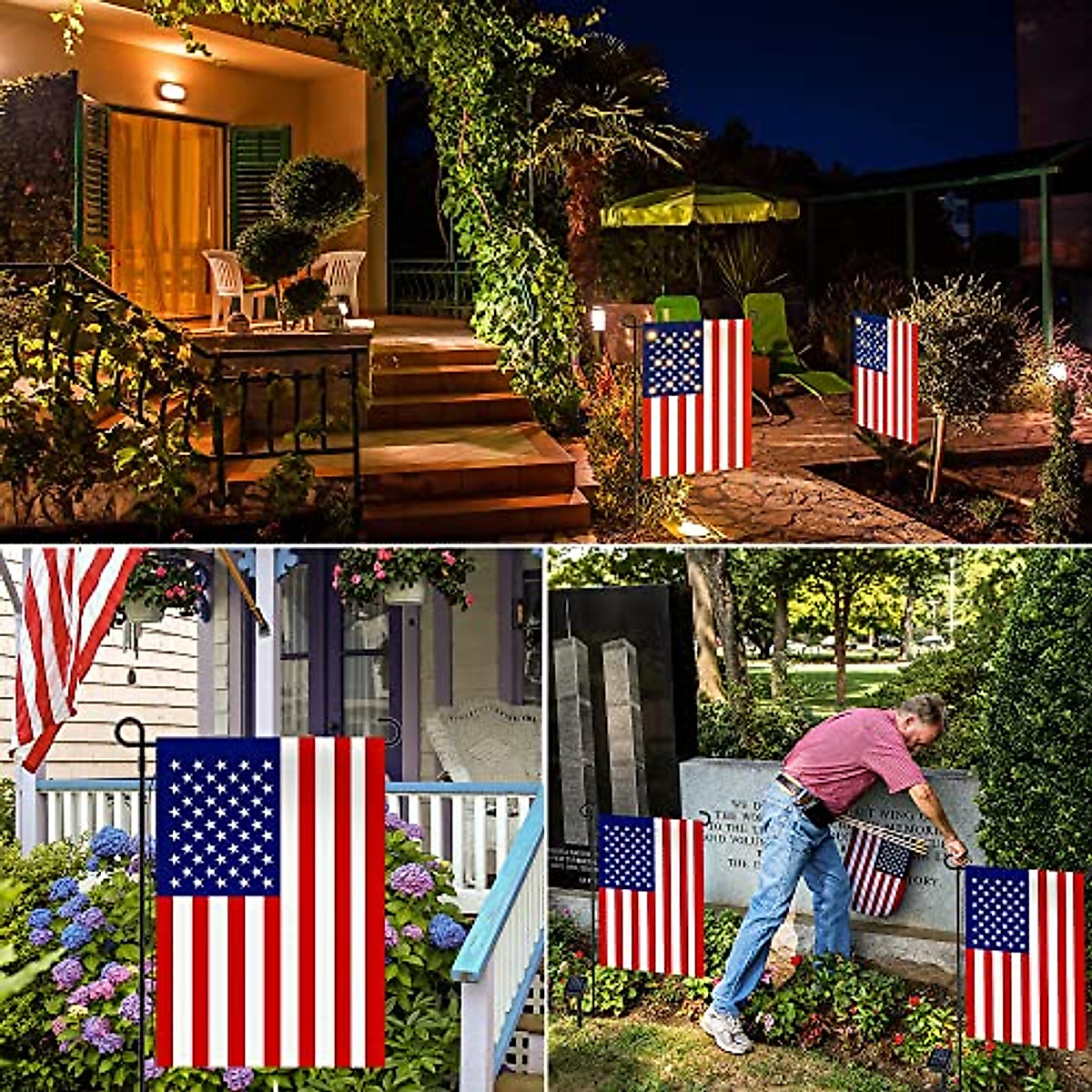 Hopolon American Garden Flags 12 X 18 Inch- 11 Warm White LED Lights with Solar Panel,US USA Double Sided Small American Flag for Holiday,Christmas,Yard, Banner, Patriotic,Outdoor Lawn Decoration