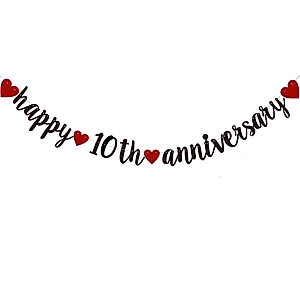 Happy 10th Anniversary Banner, Pre-Strung,Black Glitter Paper Garlands for 10th Wedding Anniversary Party Decorations Supplies, No Assembly Required,(Black)SUNbetterland