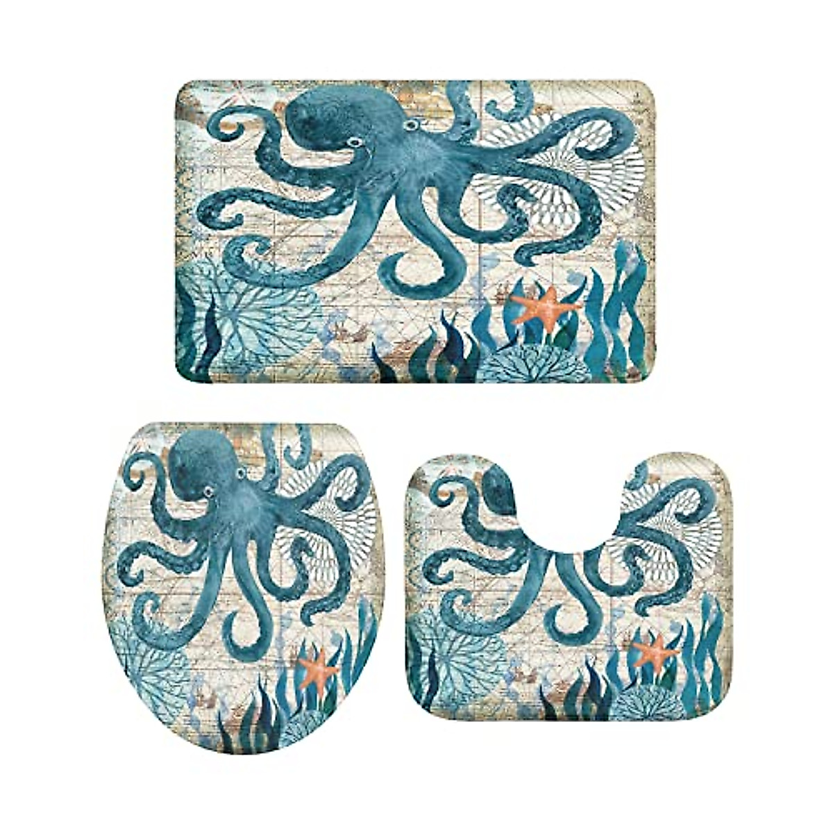 Savannan Octopus 3 Piece Bathroom Rugs Set, Underwater World Retro Watercolor Seaweed Blue Absorbent Soft Bath Mat & Small:18inchx30inch+14inchx18inch+15inchx18inch