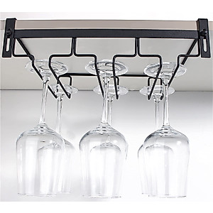 Kamehame Wine Glass Rack Under Cabinet, Nail Free Hanging Stemware Rack Metal Glasses Holder Storage Hanger for Kitchen, Bar(3 Rows, Black)
