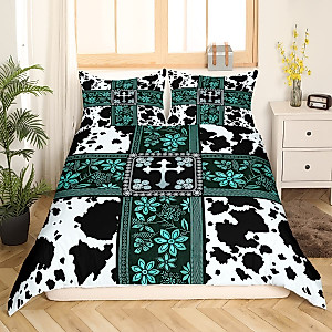 Erosebridal Cow Print Bedding Queen Floral Turquoise Decor Comforter Cover Western Cow Decor Duvet Cover Vintage Farmhouse Style Bedding Set Rustic Milk Cow Print Bedspread Cover,Black Green 3Pcs