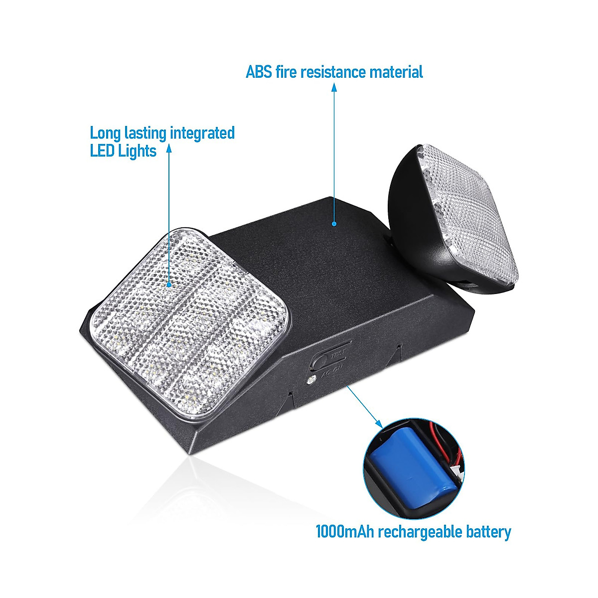 TORCHSTAR LED Emergency Lights, Emergency Lighting with Battery Backup, Dual Heads Adjustable, Lighting Fixtures for Emergency Use, Home Power Failure, UL & FCC Listed, AC 120/277V, Black, Pack of 4