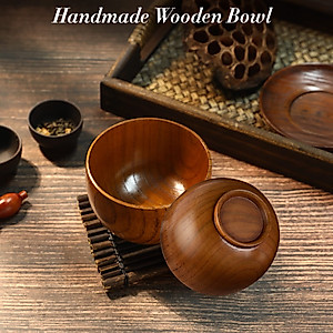 NUOMI 2 Set Wooden Soup/Rice Bowls with Wood Spoons for Eating, Small Noodle/Snacks Bowl and Spoon Dinnerware Set