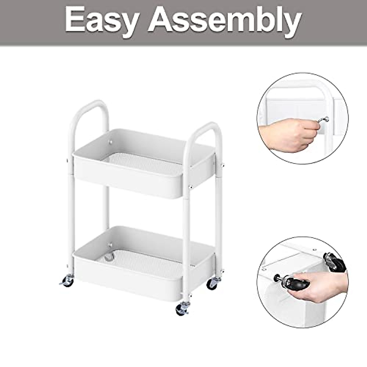 2 Tier All-Metal Rolling Cart,Rolling Storage Cart with Handle and Locking Wheels Kitchen Cart,Laundry Office Bathroom Storage Organizer Cart with Wheels, White