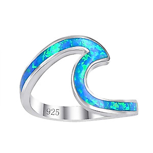 Blaike Blue Opal Wave Ring, 925 Sterling Silver Wave Ring Blue for Women Size 5/6/7/8/9/10