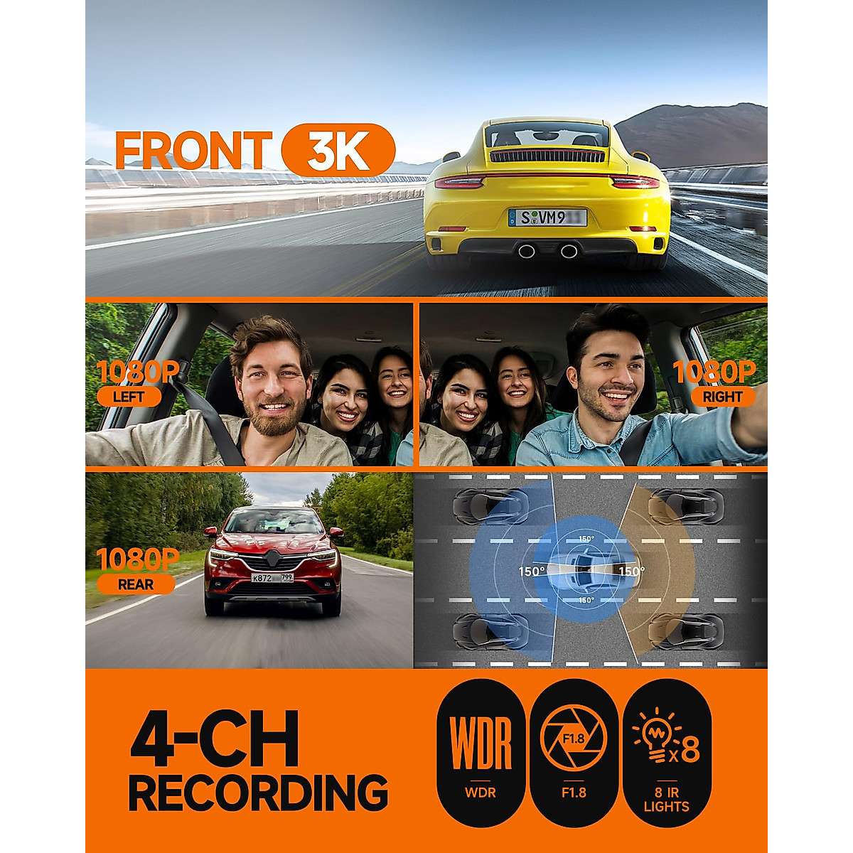 Neideso 360° Dash Cam Front, Rear and Inside, 4 Channel 3K+3*1080P, 5GHz Wi-Fi GPS, Voice Control, 4K+1080P*2 Dash Camera for Cars, CPL Filter, Free 64GB SD Card, Night Vision, 24H Parking Mode(N700)