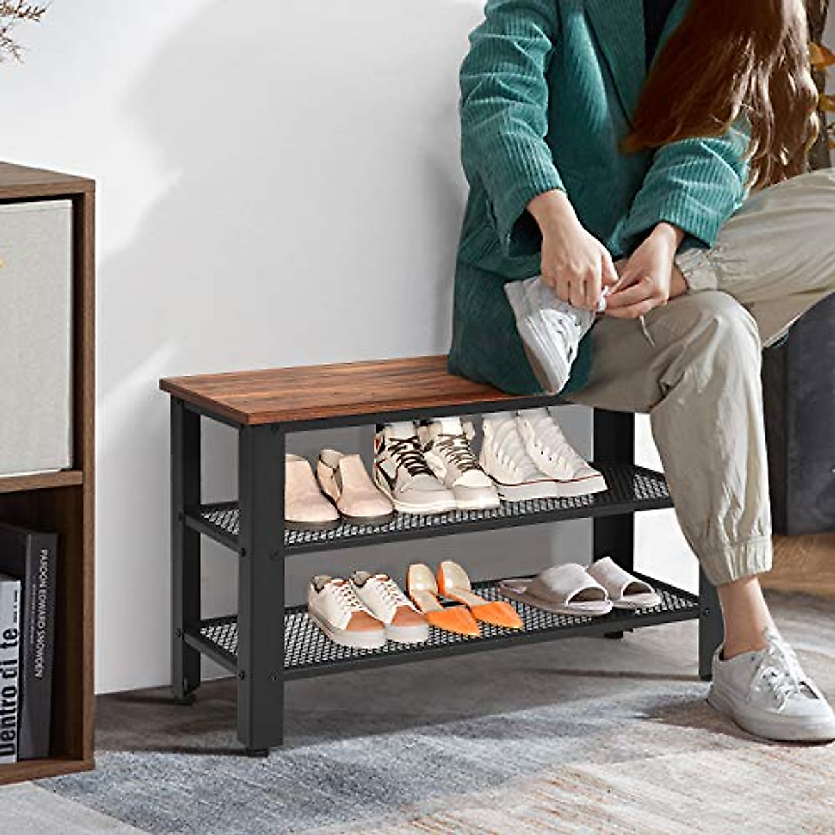 Giantex 3-Tier Shoe Rack Bench, Industrial Shoe Bench with 2 Mesh Shoe Storage Shelves & Seat, Rustic Shoe Rack, Shoe Rack Bench for Entryway, Front Door, Garage Shoe Storage (Rustic Brown)