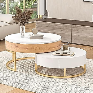 Modern Round Lift-top Nesting Coffee Tables with 2 Drawers, Wood Cocktail Table Center Table with Metal Pedestal & Concealed Storage Compartment for Living Room (Oak Natural Wood + Antique White-74)