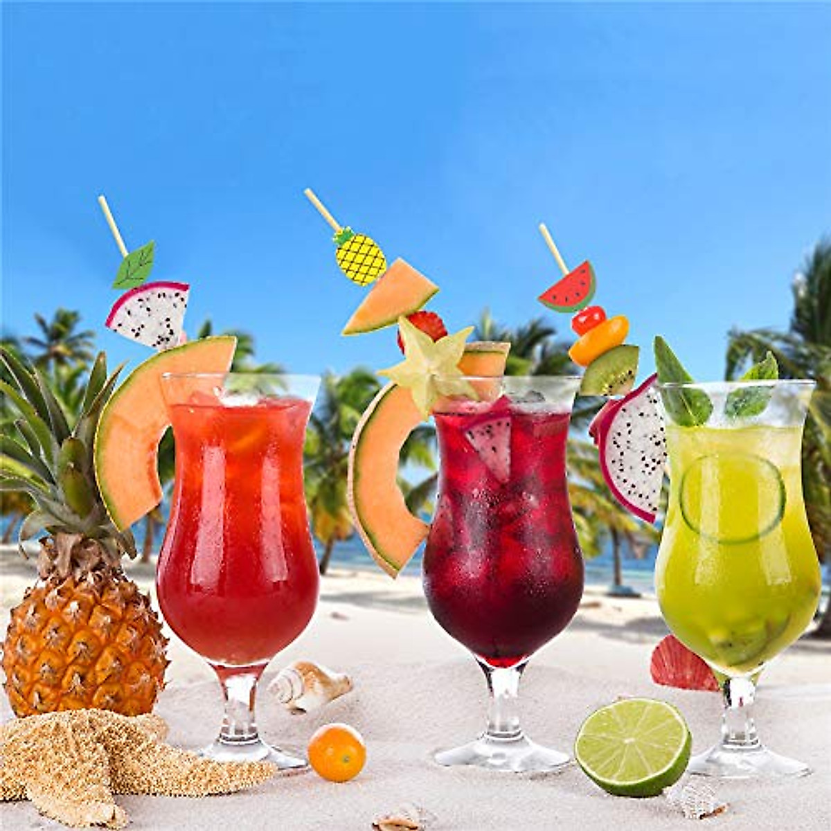 Minisland Mix-colored Fruits Watermelon Pineapple Leaf Cocktail Toothpicks 4.7 Inch Long Bamboo Skewers for Appetizers Drinks Hawaiian Party Food Picks 100 Counts- MSL115