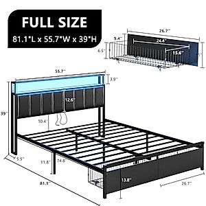 amerlife LED Bed Frame with Drawers, Full Platform Bed Frame with 2-Tier Storage & Leather Upholstered & Charging Station Headboard, No Box Spring Needed, Noise Free, Easy Assembly, Black