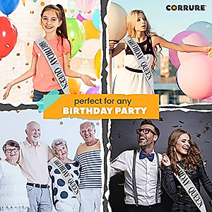 CORRURE 'Birthday Queen' Sash Glitter with Black Foil - Silver Glitter Happy Birthday Sash for Women - Party Favors Supplies and Decorations for Sweet 16, 18th 21st 30th 40th or Any Bday Party