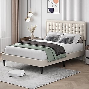 Keyluv Full Size Bed Frame with Button Tufted Headboard, Modern Fabric Upholstered Platform Bed Frame, Strong Wooden Slats Support, No Box Spring Needed, Beige