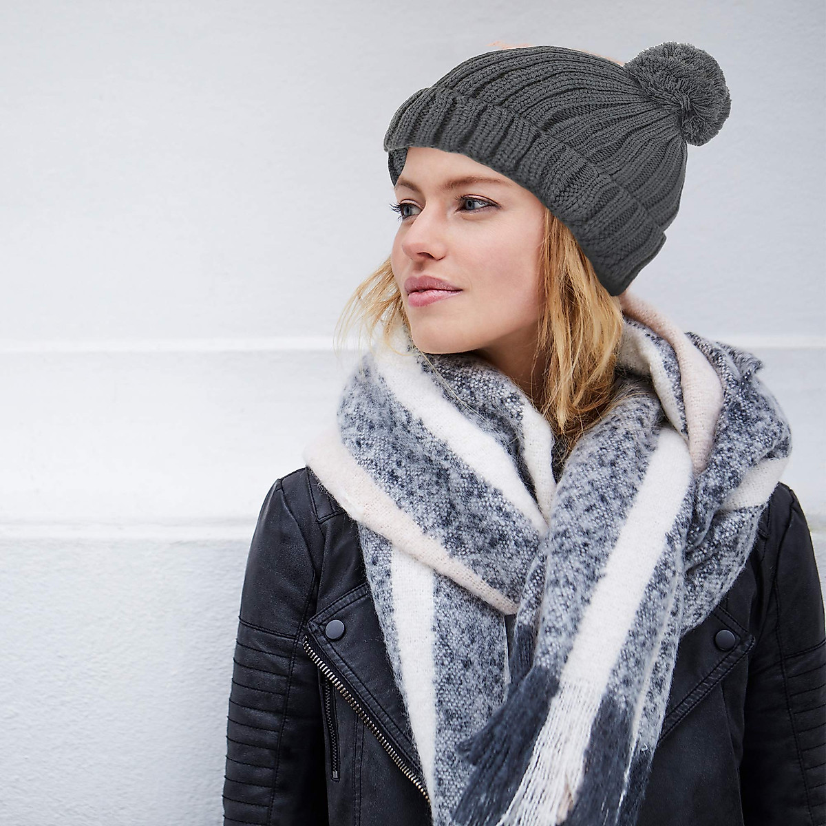 LUTHER PIKE SEATTLE Winter Pom Pom Beanie Hat - Cute Knit Yarn and Warm Fleece-Lined Slouchy Skull Ski Cap for Women - Cool Hair Accessories, Great for Boho, Hipster, and Winter Outfits Dark Grey Gray