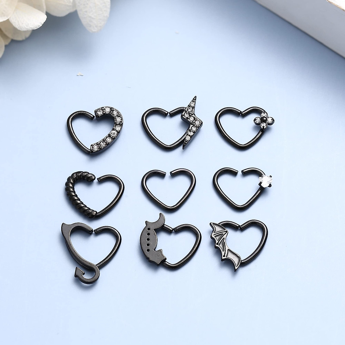 ORAZIO 9 Pairs Heart Daith Earring Cartilage Earrings Hoops Septum Nose Rings for Women Men Stainless Steel Helix Rook Snug Lobe Conch Daith Piercing Silver/Gold/Black/Rose Gold Tone Piercing Earrings