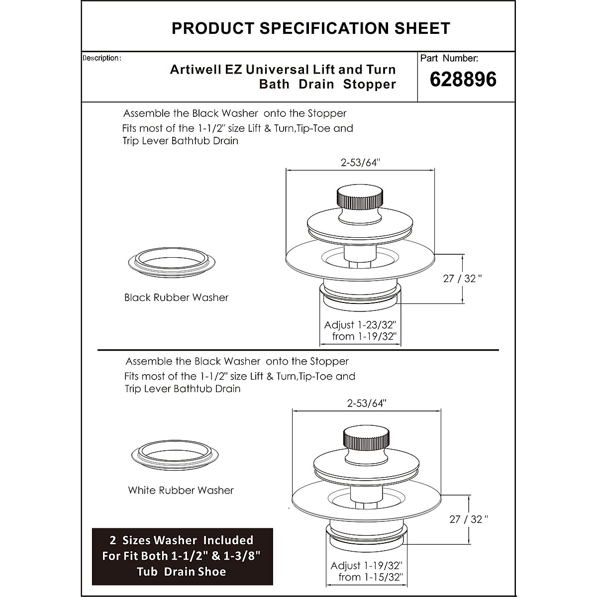 Artiwell Universal Lift and Turn Bath Drain Stopper and Cover, Bathtub Drain Stopper, Replaces Lift and Turn, Tip-Toe and Trip Lever drains for Tub, EZ Installation and Clearing (Oil Rubbed Bronze)