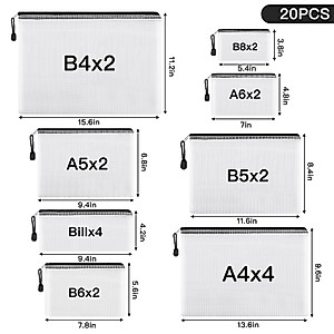 EOOUT 20pcs Mesh Zipper Pouch 8 Sizes Waterproof Zipper Bags, Plastic Travel Pouch for Board Game Travel Storage School Supplies Office Appliances Home Organize