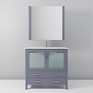 Lexora Volez 36 in W x 18.25 in D Dark Grey Bath Vanity, White Ceramic Top, Faucet Set and 34 in Mirror