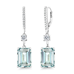 Gem Stone King 925 Sterling Silver Sky Blue Simulated Aquamarine Earrings | Gemstone Birthstone | Drop Dangle Earrings For Women | 14.24 Cttw | Emerald Cut 14X10MM