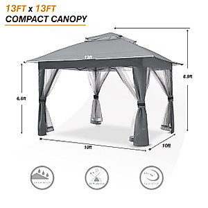 COOSHADE 13x13Ft Easy Pop Up Canopy Tent Instant Folding Shelter with Mosquito Netting Walls(Grey)