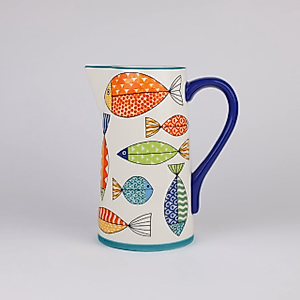Euro Ceramica FreshCatch Collection 2.5LT Pitcher - Indoor/Outdoor Use - Colorful Cute Fish Pattern on White,Standard,FRC-86-3910