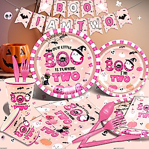 Yavxzvbw 182Pcs Boo I'm Two Decor Birthday Halloween Decorations Two Spooky Birthday Pink Halloween Birthday Party Decorations Girl with Boo Banner for Halloween 2nd Birthday Decorations