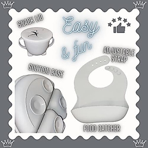 Baby Led Weaning 10 Piece Feeding Eating Supplies | Strong Suction Plate Silicone Cup Snack Lid Drink Lid with Straw Silicone Suction Bowl Bib Spoons Forks Baby Tableware Set 6MonthsToToddler(Grey)