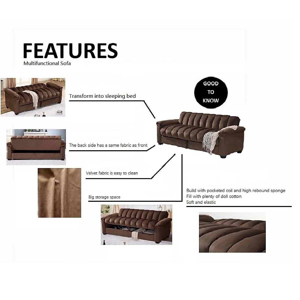 Legend Vansen Velvet Storage Convertible Sofa Bed Sleeper Couch Sofabed, Brown
