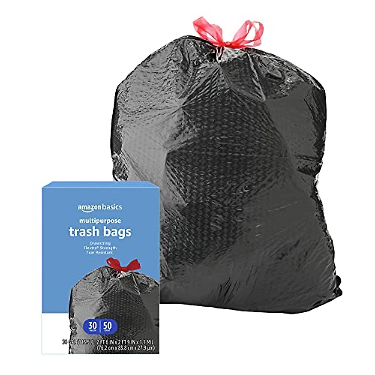 Amazon Basics Flextra Multipurpose Drawstring Trash Bags, 30 Gallon, 50 Count