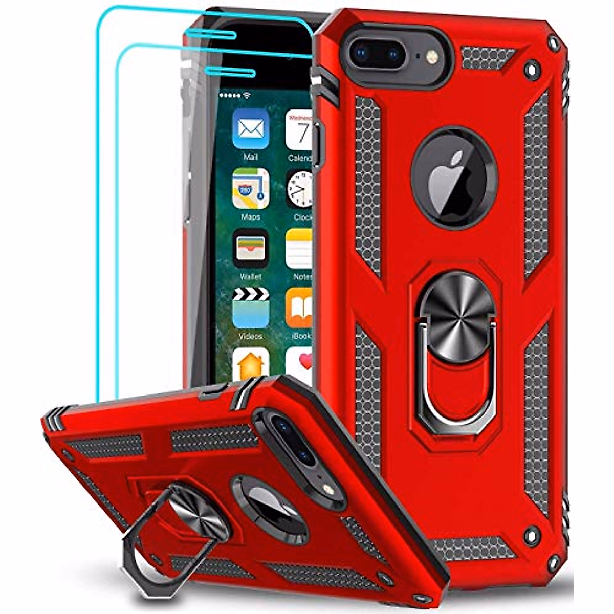 LeYi Compatible for iPhone 8 Plus Case, iPhone 7 Plus Case, iPhone 6 Plus Case with Tempered Glass Screen Protector [2Pack], Military-Grade Phone Case with Ring Kickstand for iPhone 6s Plus, Red