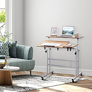 AIZ Adjustable Rolling Desk Cart on Wheels Home Office Computer Workstation, Portable Laptop Tall Table for Standing or Sitting, Oak