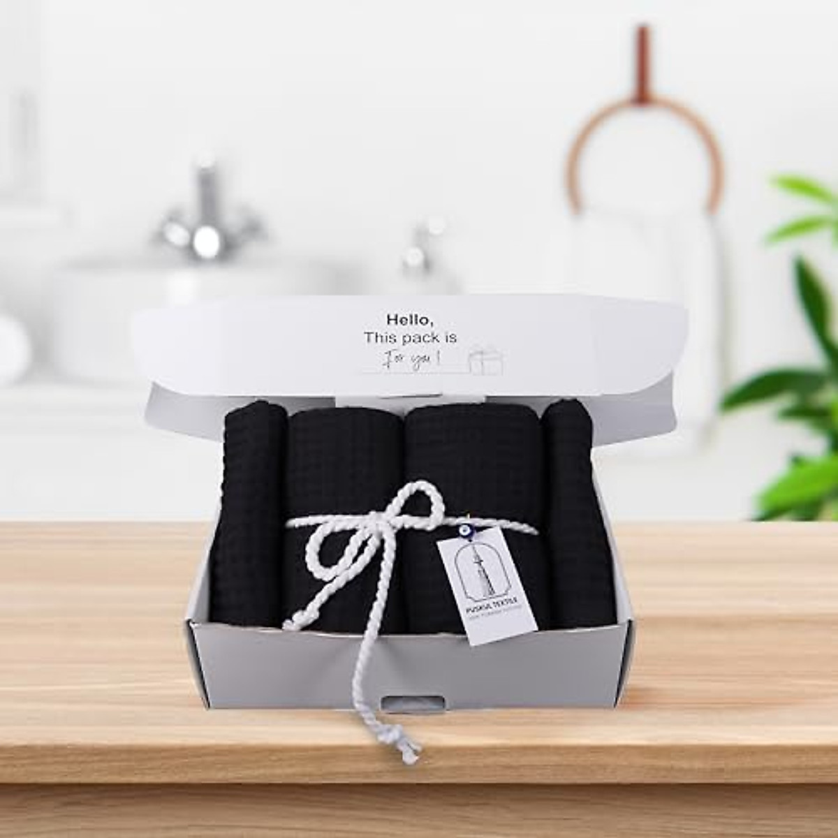 Püskül - 4 Pieces Waffle Towel Sets for Bathroom, Premium Organic Turkish Cotton 2 Hand Towels 2 Bath Towels Set (Black)