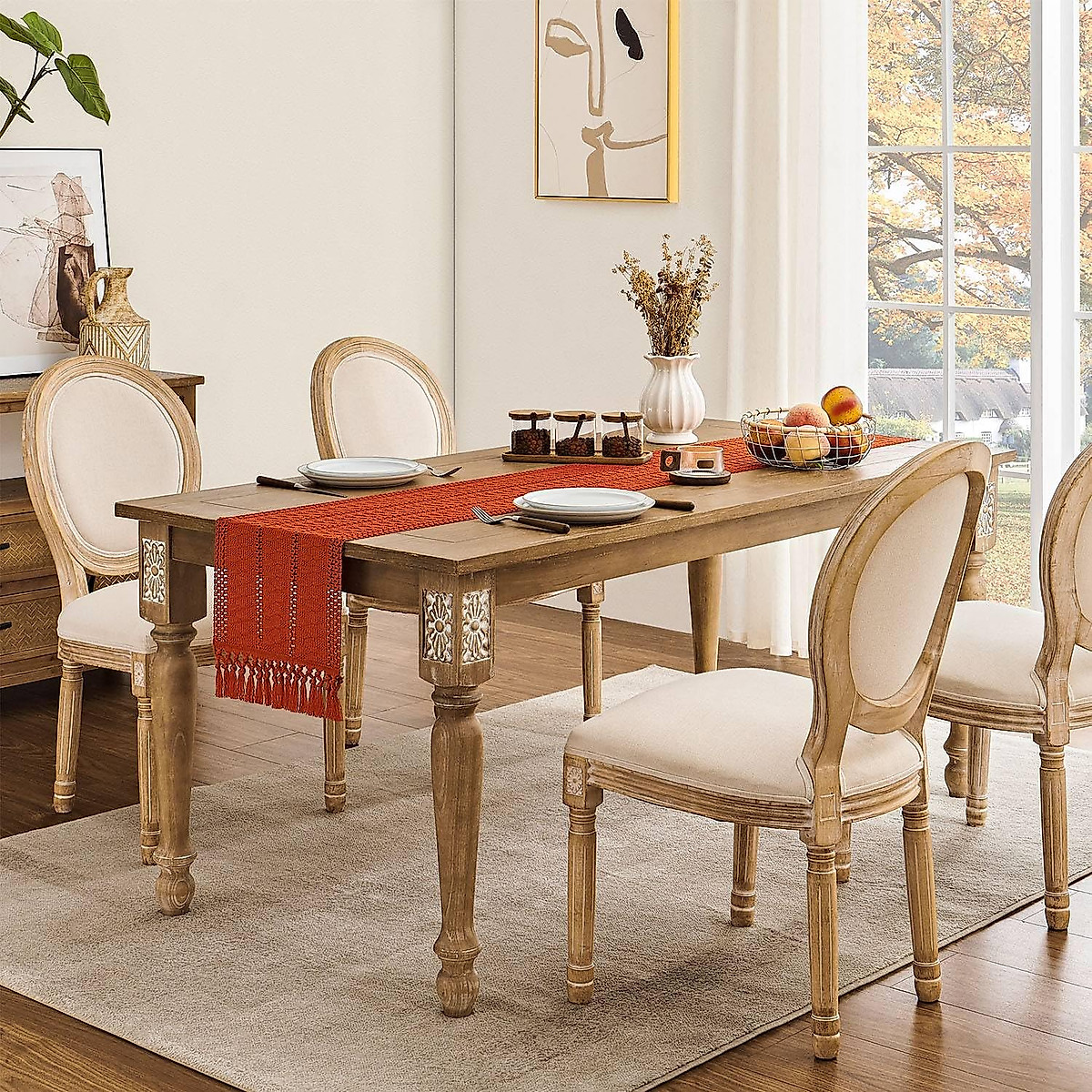 ZeeMart Macrame Style Boho Table Runner, Burnt Ochre Fall Table Runners 72 Inches Long, Farmhouse Woven Home Decor, 12x72 Inch, Dark Orange