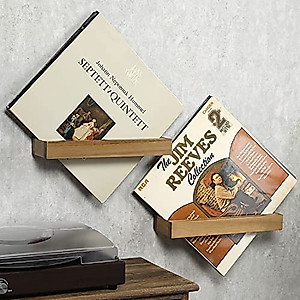 MyGift Natural Solid Acacia Wood Vinyl Album Record Holder Storage Shelf, Wall Display Rack with Angle Design, Set of 2