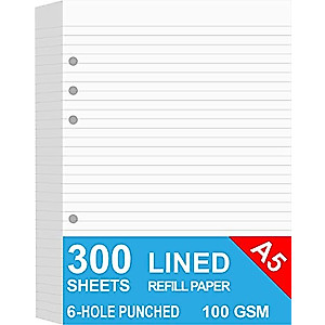 (3-Pack) A5 Lined Refills Paper for Filofax Planner/Binders/Organizer, 6 Hole Punched, Total 300 Sheets/600 Pages, 100gsm, White, 5.8 x 8.2 Inch