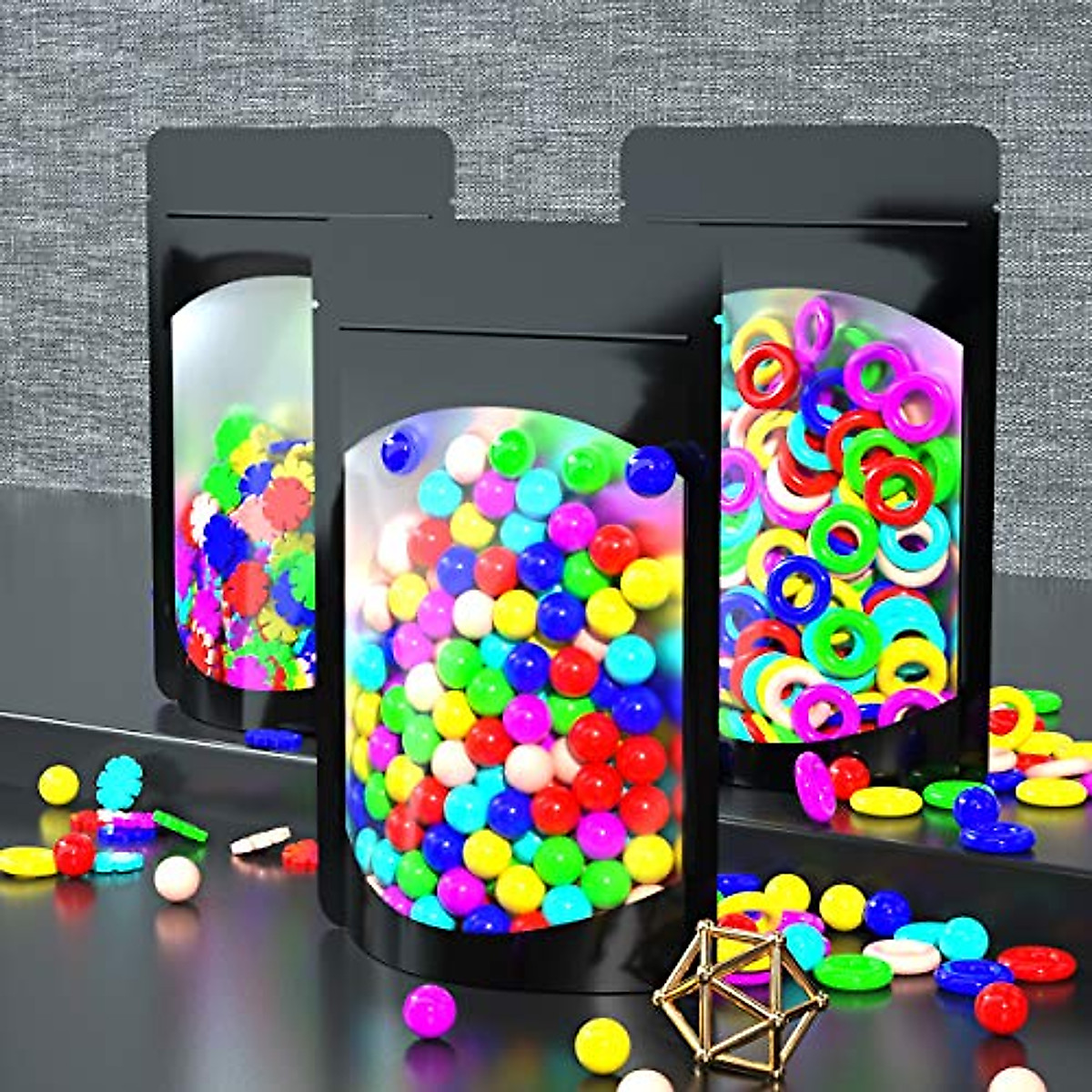 100 Pieces Resealable Bags, POWOBEST Smell Proof Bag Foil Pouch Bag with Clear Window for Daily Life or Party Supplies，Storage Bags，packaging，Food Storage Bag (Black-5.91x3.93 Inch)