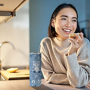 Tumbler with Lid and Straw Cartoon Bear Flowers and Plants thermos coffee travel mugcute cups 20 oz insulated tumbler for Daily Holiday Decor Gift coffee cup