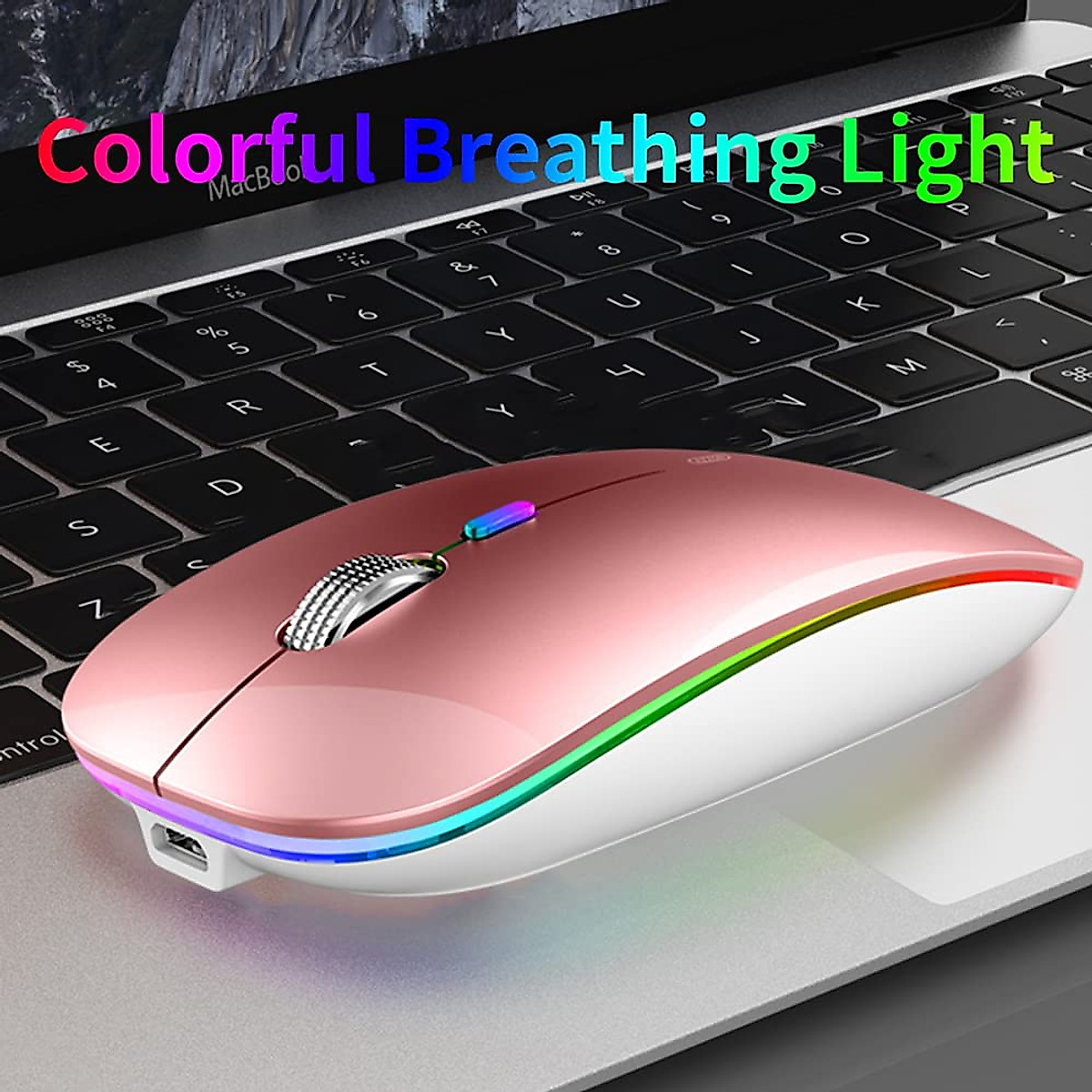 Uiosmuph LED Wireless Mouse, G12 Slim Rechargeable Silent 2.4G Portable Optical Wireless Computer Mice with USB Receiver and Type C Adapter (Rose Gold)
